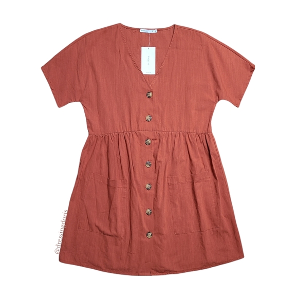 Lefties | Dresses | Lefties Casual Button Front Smock Dress Burnt ...